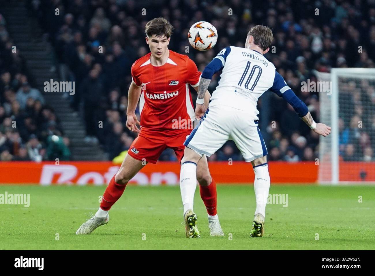 London, UK. 13th Mar, 2025. Peer Koopmeiners of AZ Alkmaar and James ...