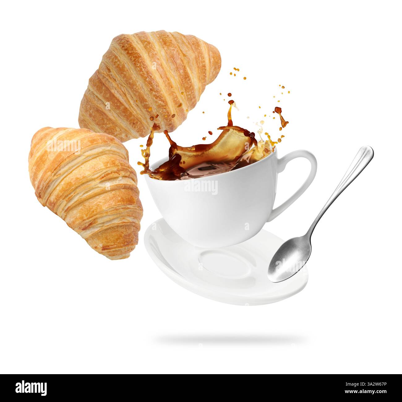 Tasty croissants and freshly brewed coffee. Puff pastry and cup in air ...
