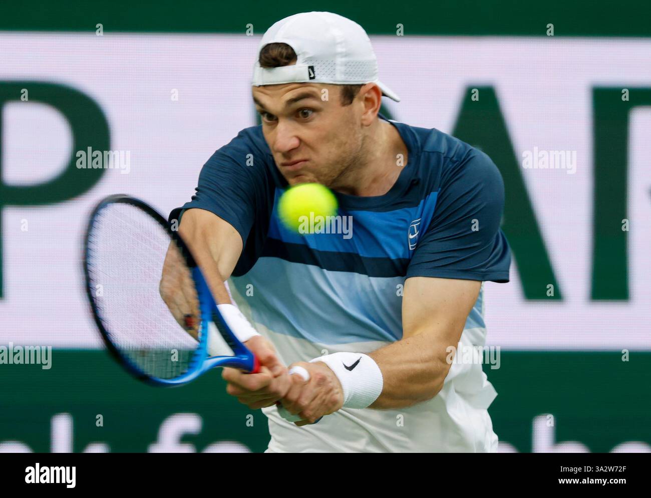 March 13, 2025 Jack Draper (GBR) returns a shot against Ben Shelton ...