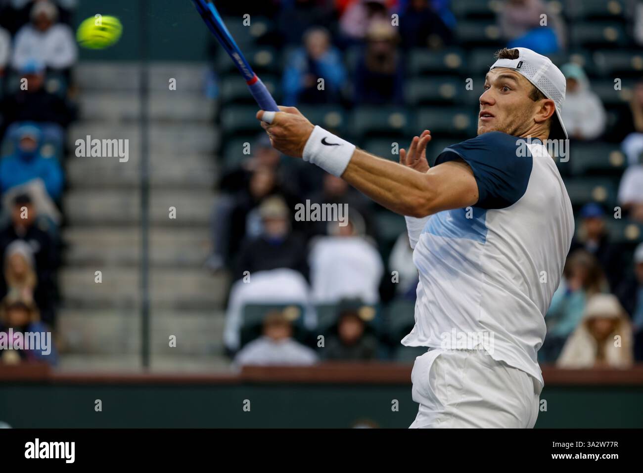 March 13, 2025 Jack Draper (GBR) returns a shot against Ben Shelton ...