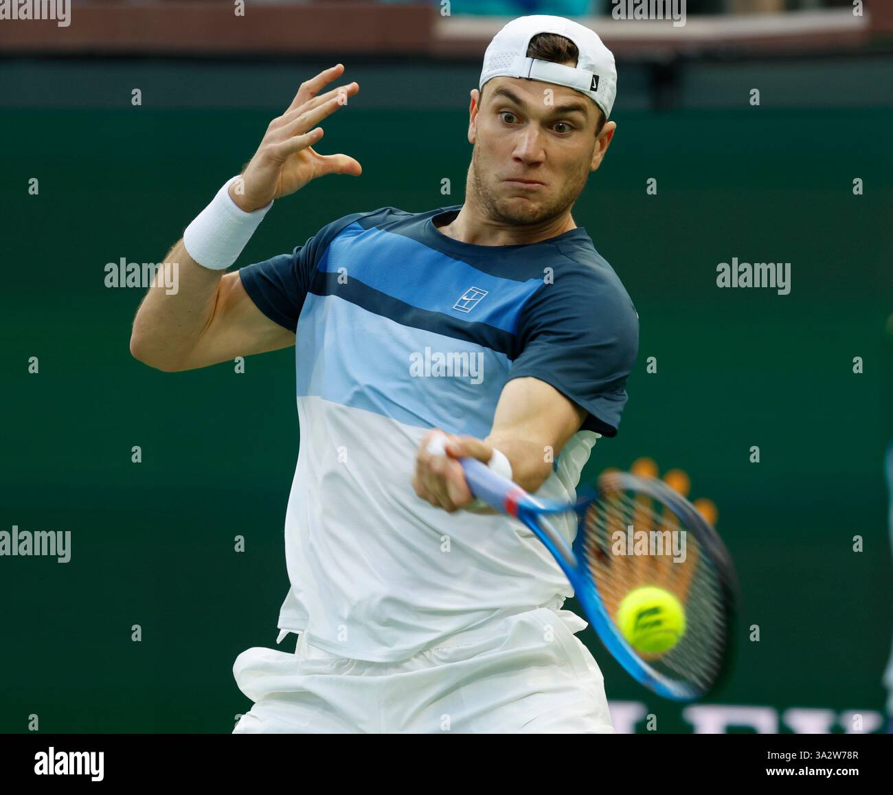 March 13, 2025 Jack Draper (GBR) returns a shot against Ben Shelton ...