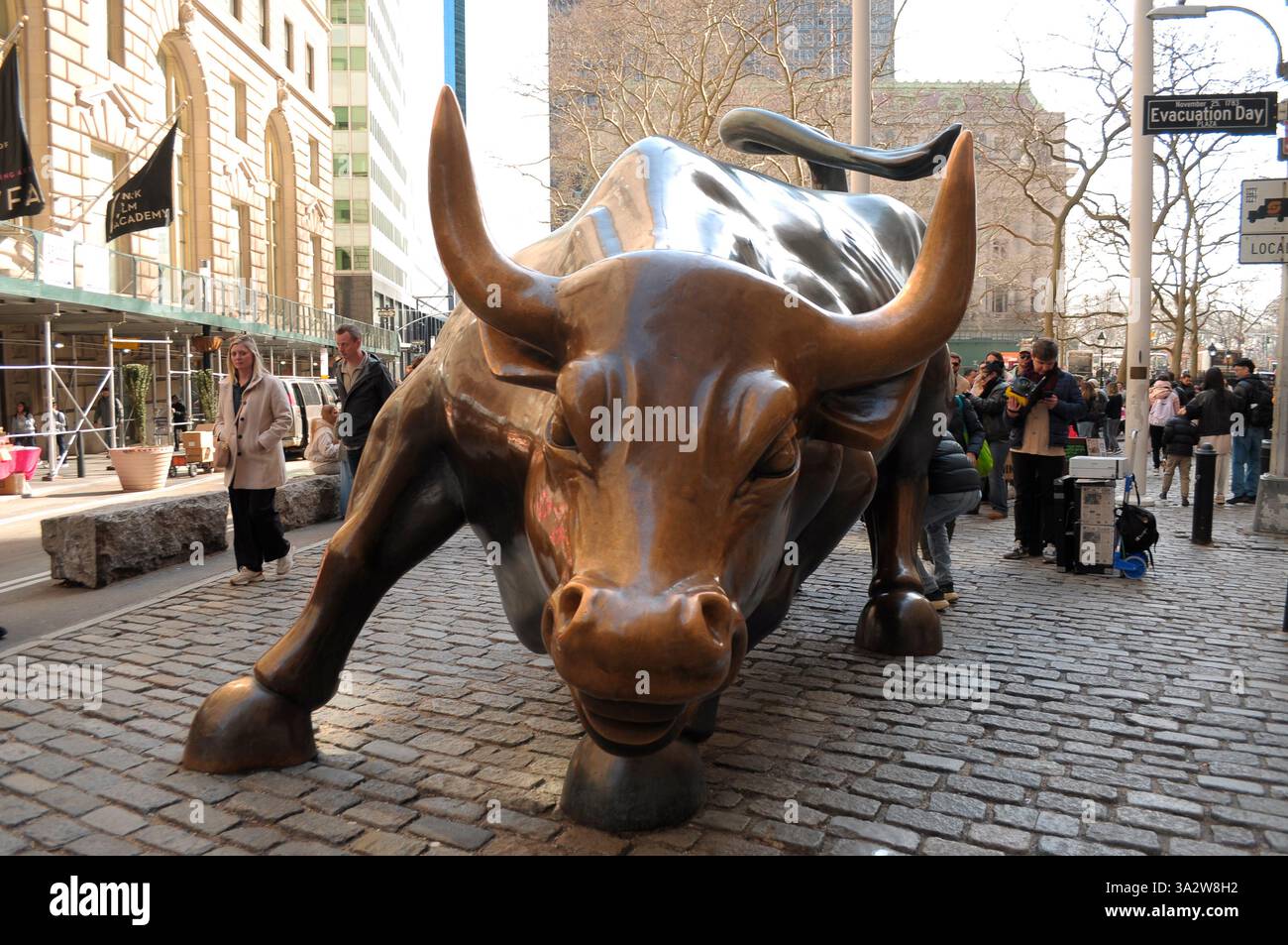 New York, United States. 13th Mar, 2025. The "Charging Bull" statue is ...