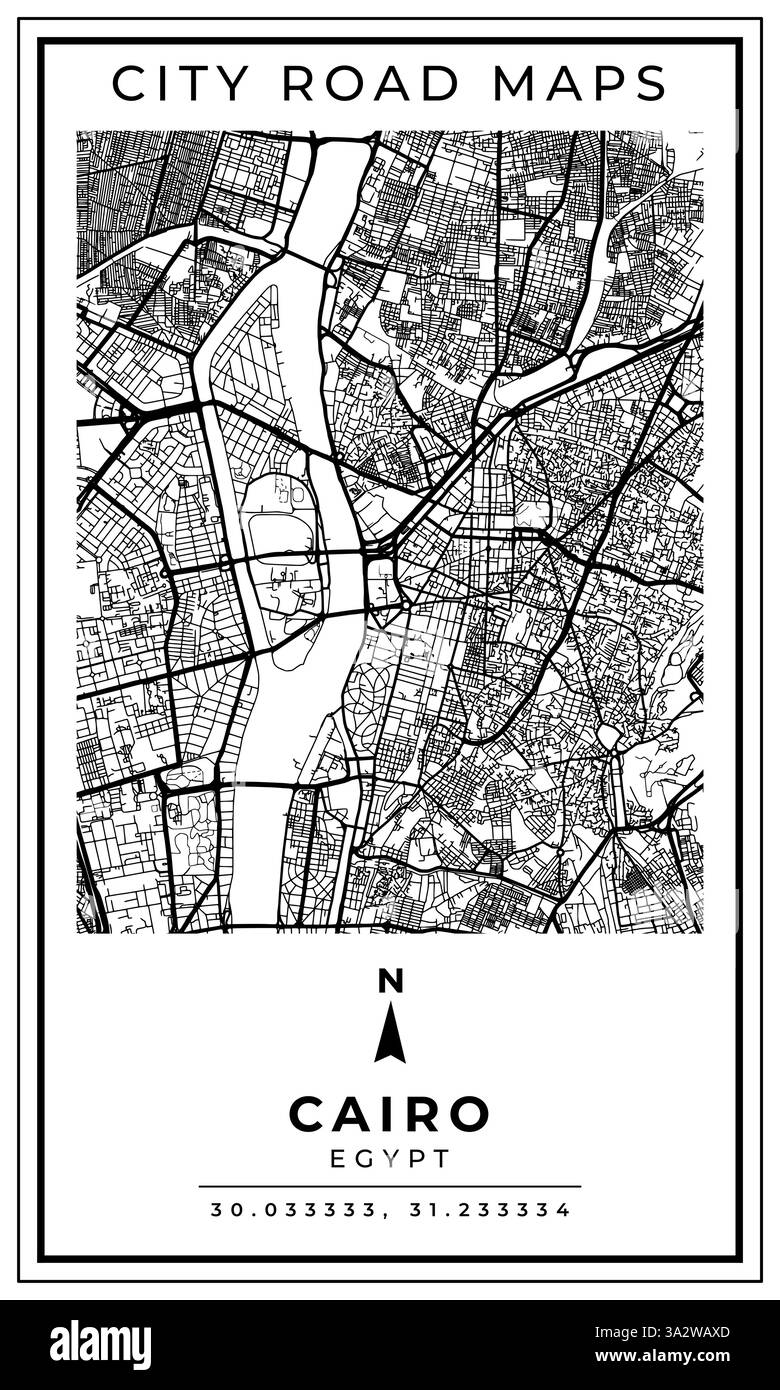 Black and white printable road map of Cairo city Egypt banner poster ...