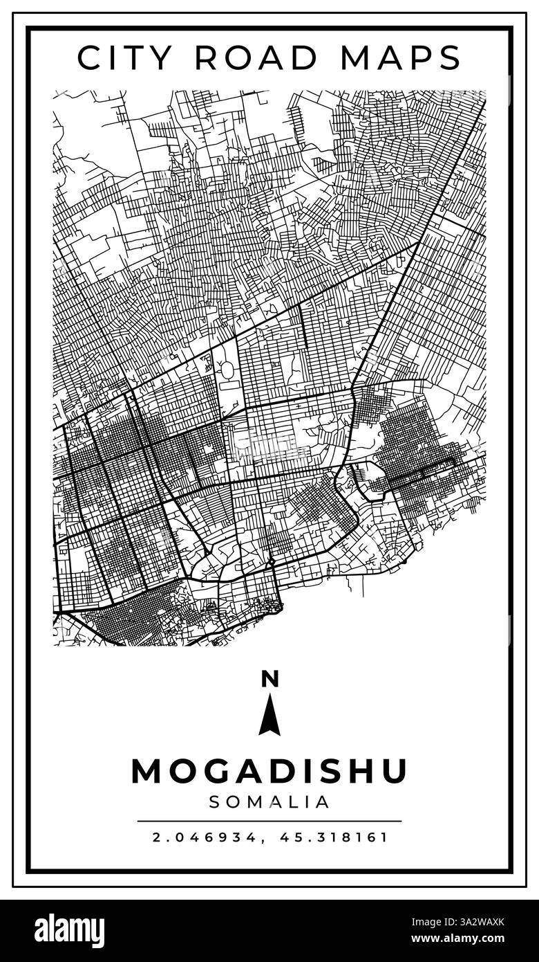 Black and white printable road map of Mogadishu city Somalia banner ...