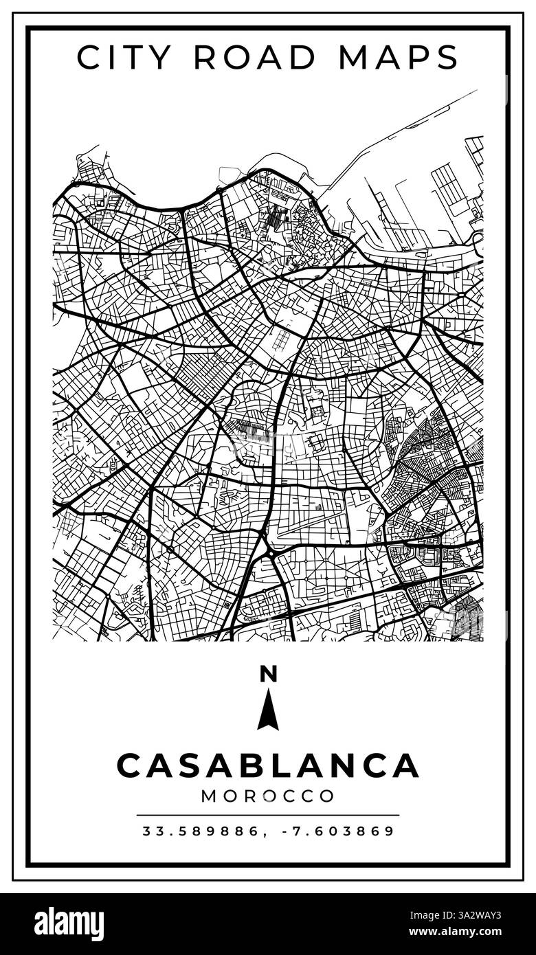 Black and white printable road map of Casablanca city Morocco banner ...