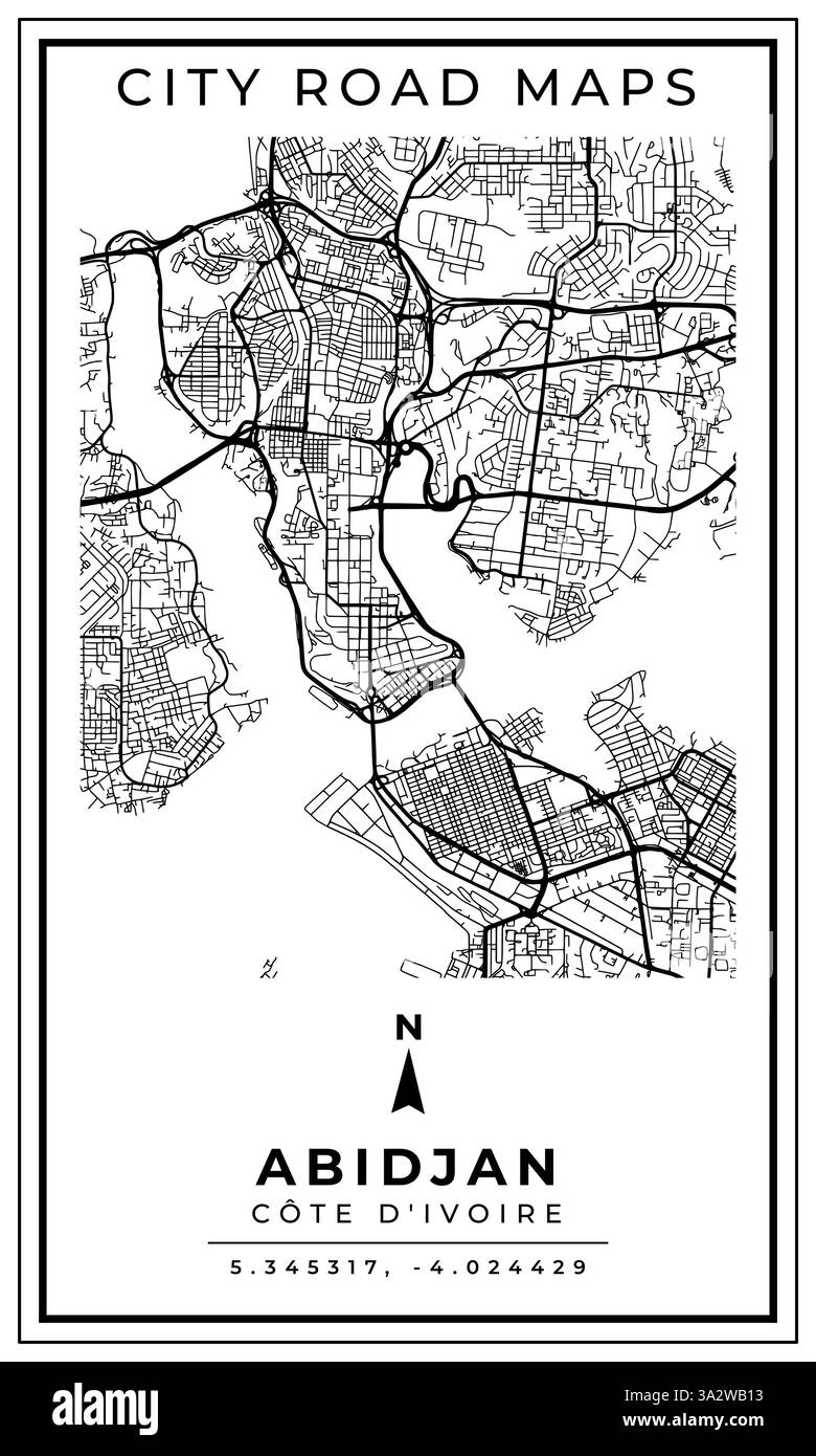 Black and white printable road map of Abidjan city Ivory Coast banner poster design with ...