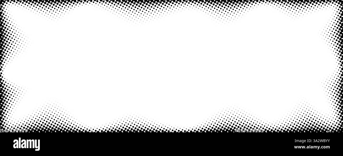 Halftone rectangle grain frame. Black comic dotted wavy border. Pop art ...