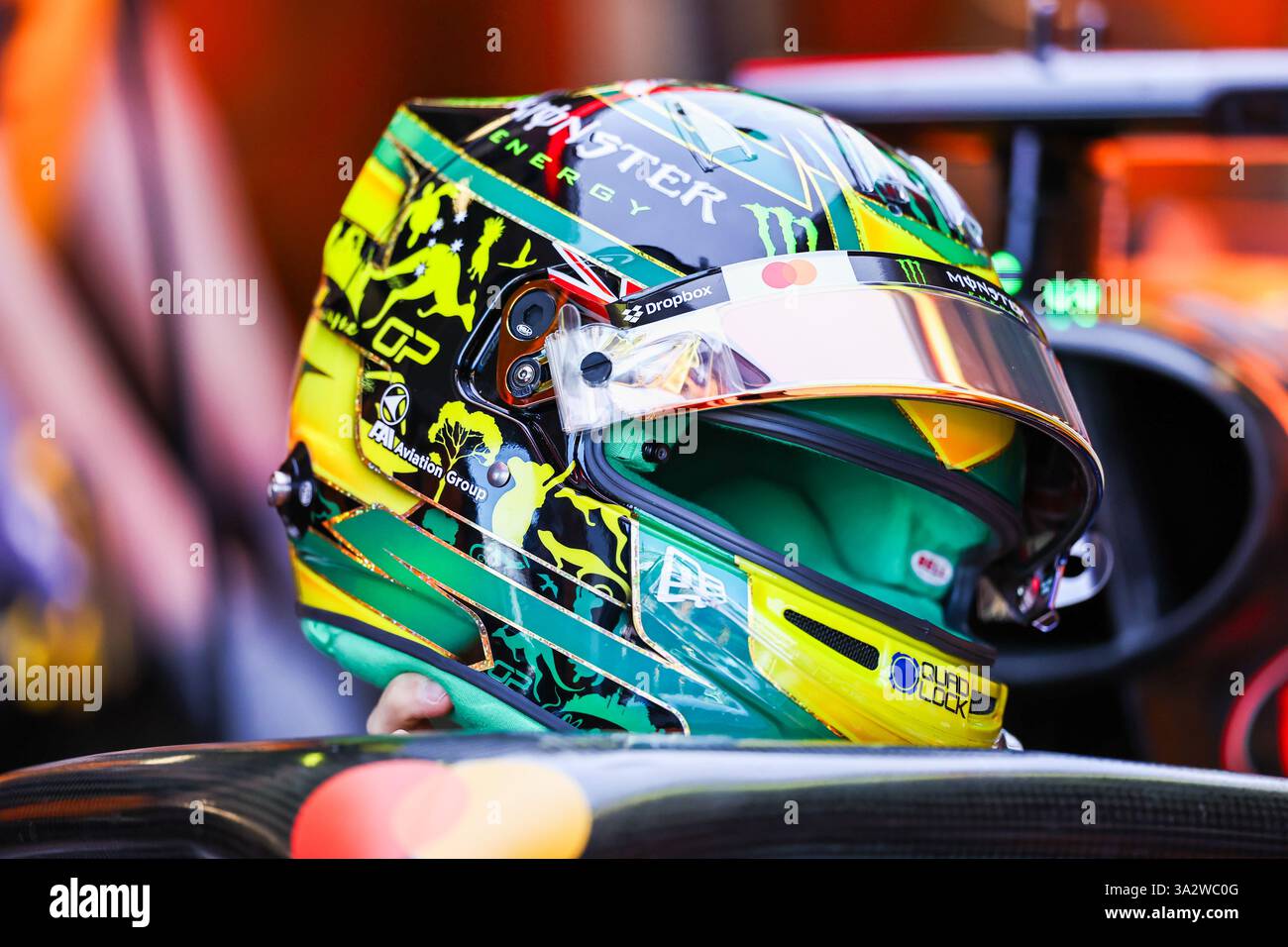 MELBOURNE, AUSTRALIA - MARCH 14: Oscar Piastri’s helmet in the garage ...