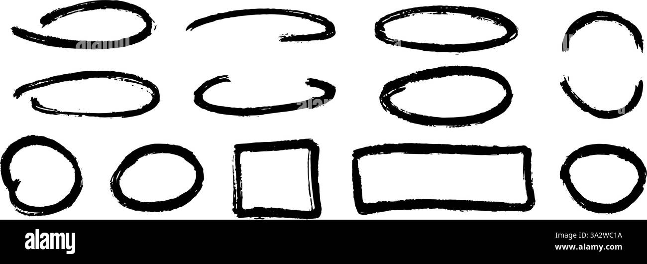 Black charcoal hand drawn frame set. Rectangle, square and round ...