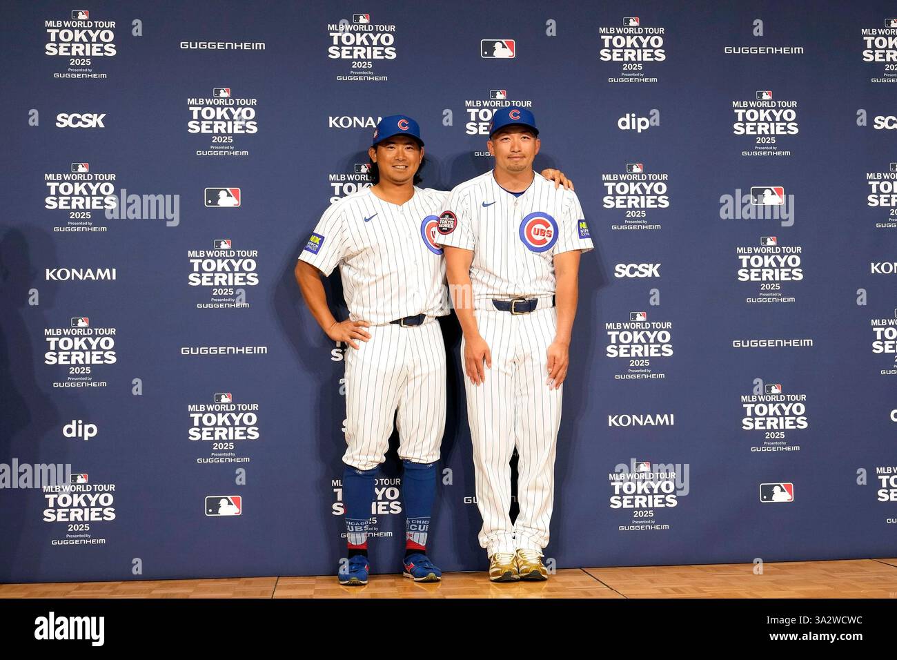 Seiya Suzuki, right, and Shota Imanaga, left, of the Chicago Cubs, pose ...