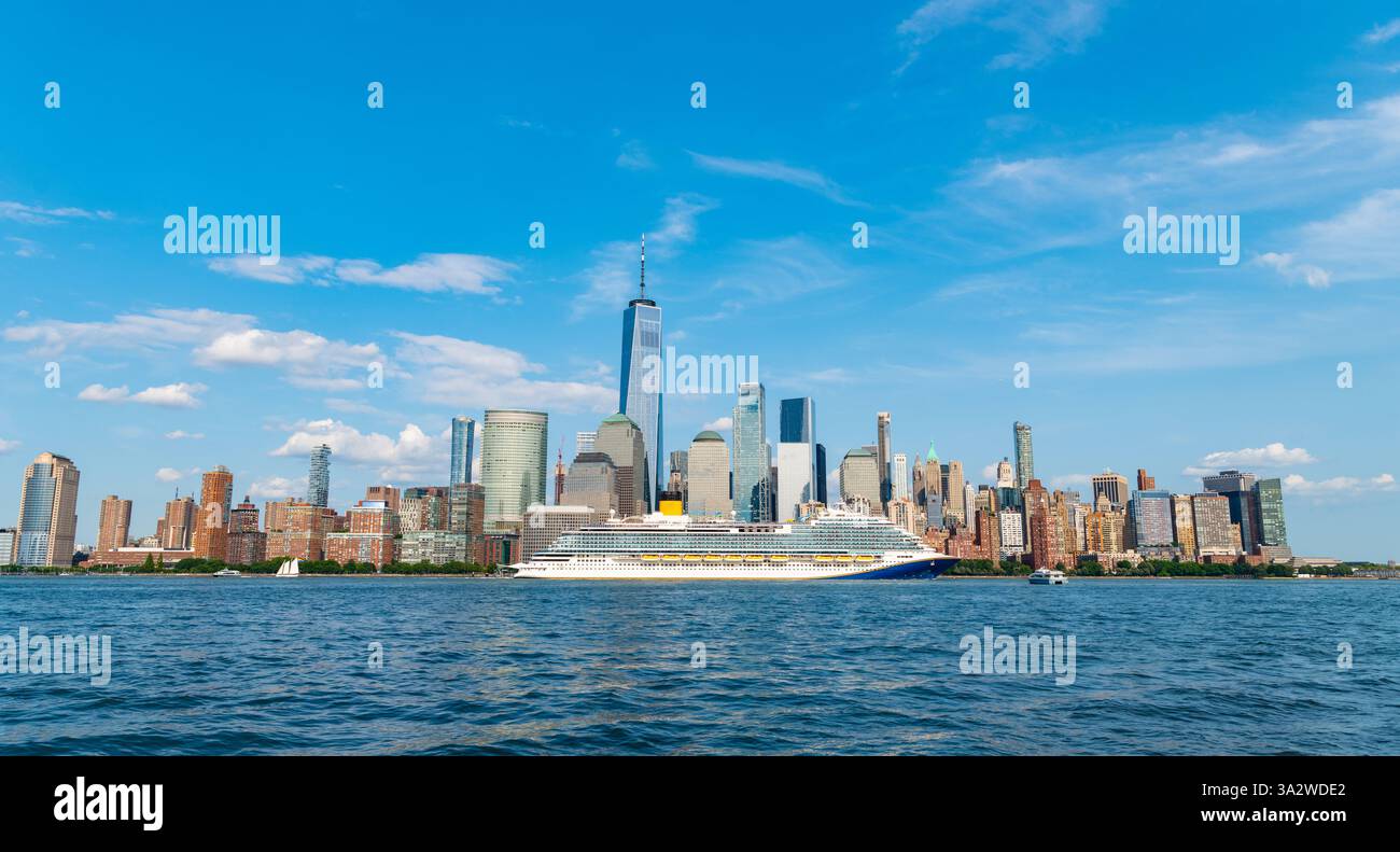 Cruise ship York. Skyline of New York Manhattan cruising on the Hudson ...