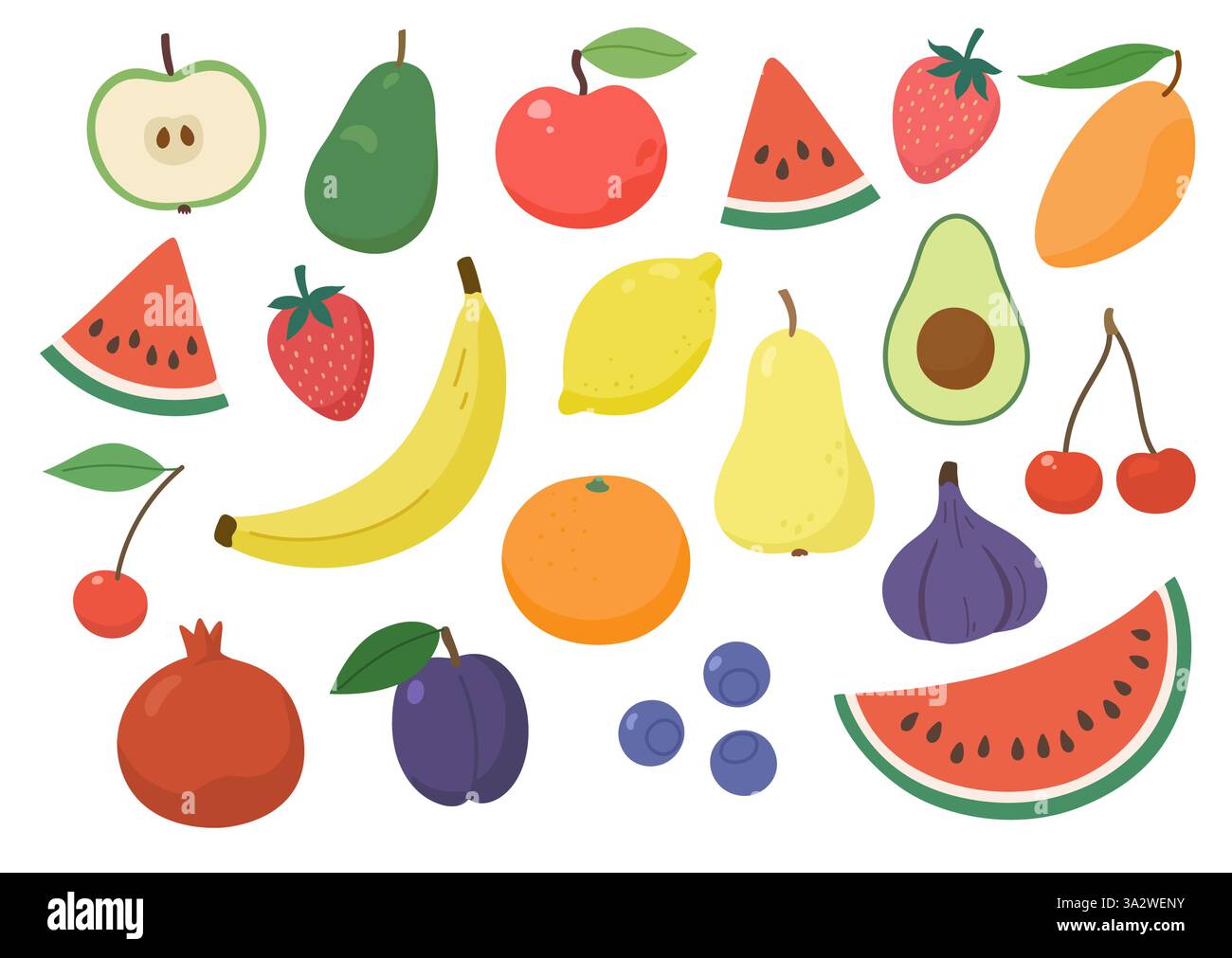 Set of various fruits and fruit slices in simple cartoon style. Hand ...