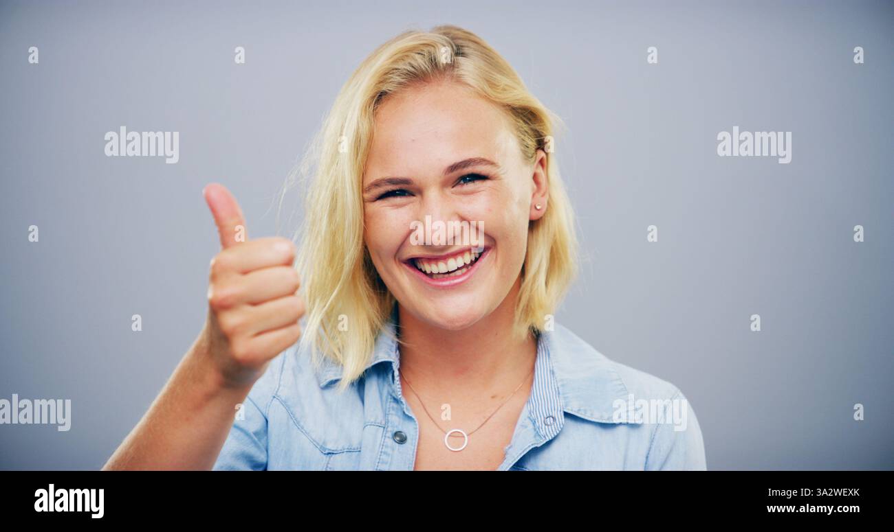 Happy woman, portrait and feedback with thumbs up for good reaction on ...