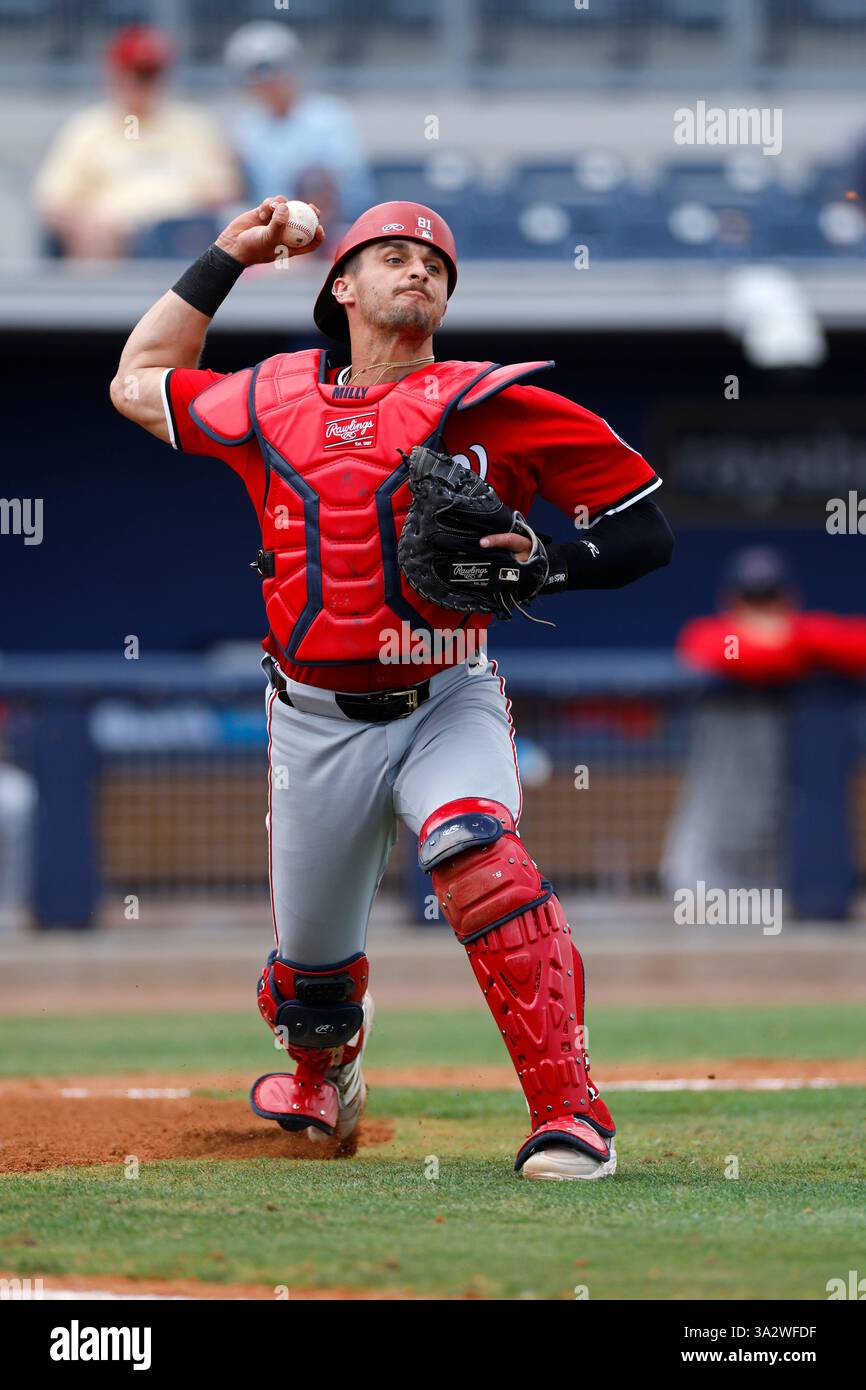 PORT CHARLOTTE, FL - MARCH 13: Washington Nationals catcher Drew Millas (81) throws the ball to ...