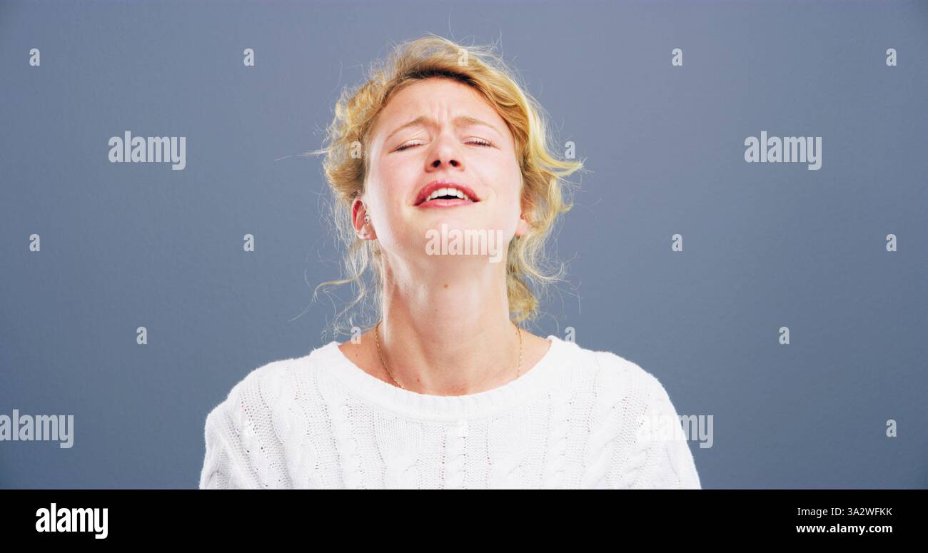 Grief, crying and woman with depression, studio and sad for loss of ...