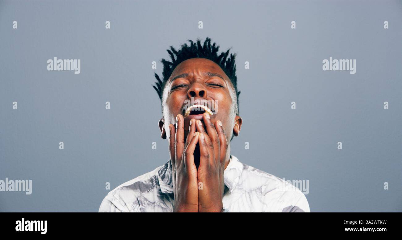Black man, grief and crying tears in studio with depression, mourning ...
