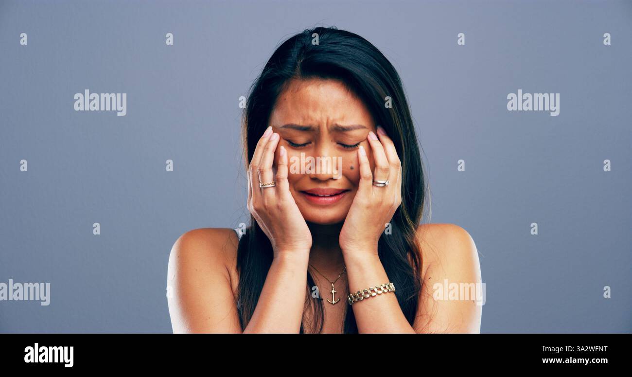 Pain, crying and woman with depression, tears and emotional for loss of ...