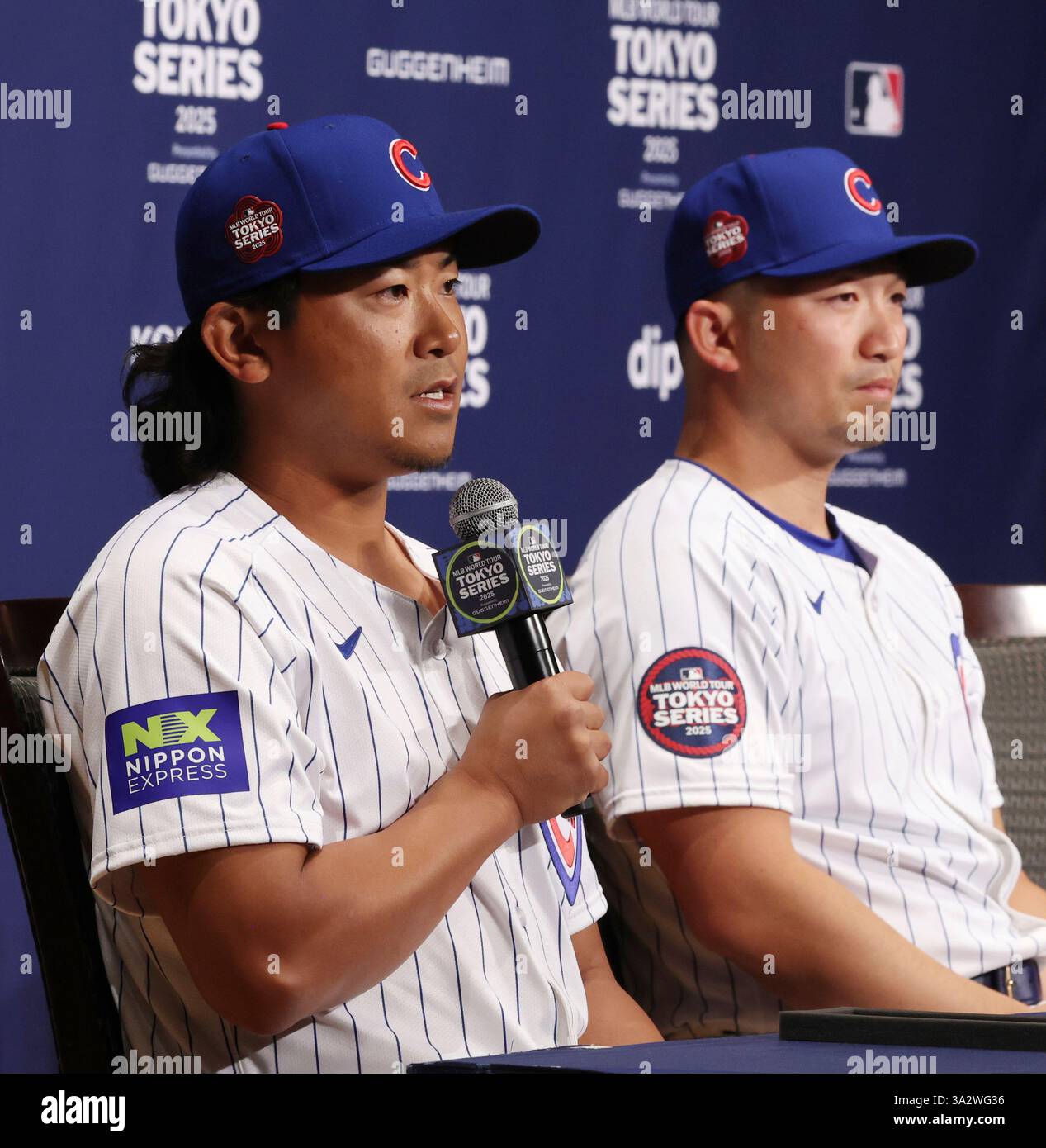 Chicago Cubs Shota Imanaga(L) and Seiya Suzuki attend a press ...