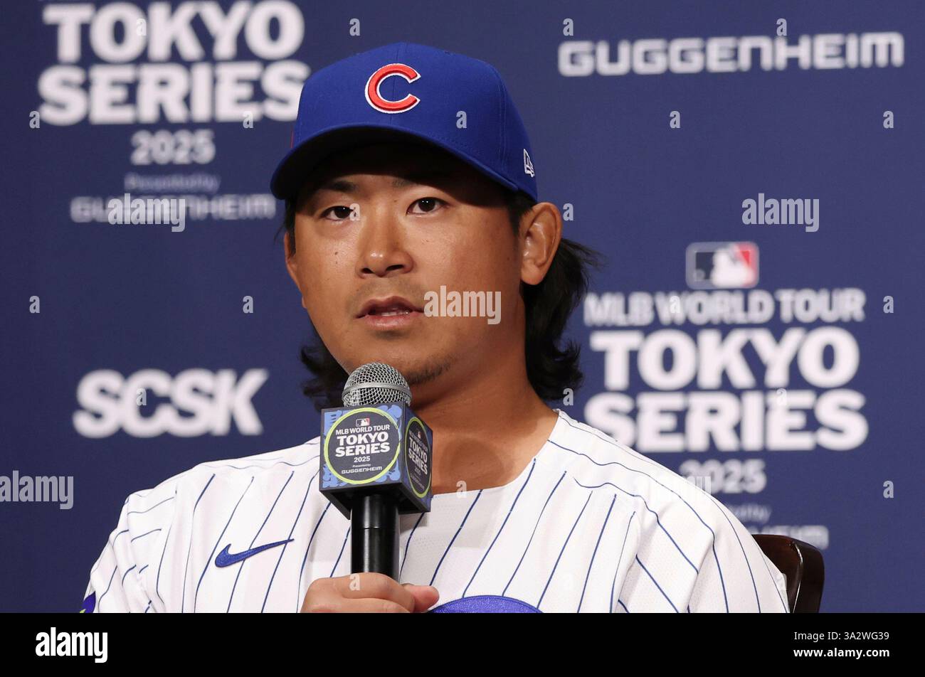 Chicago Cubs Shota Imanaga attends a press conference in Tokyo on March 14, 2025. The Cubs play ...