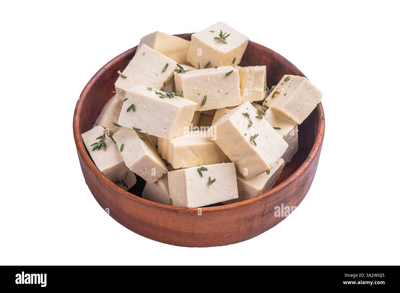 Sliced Diced soybean tofu cheese in bowl isolated on white background ...