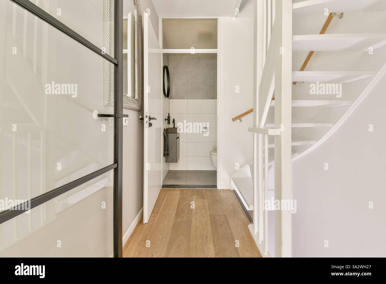 A contemporary interior space showcasing a well-lit hallway featuring ...