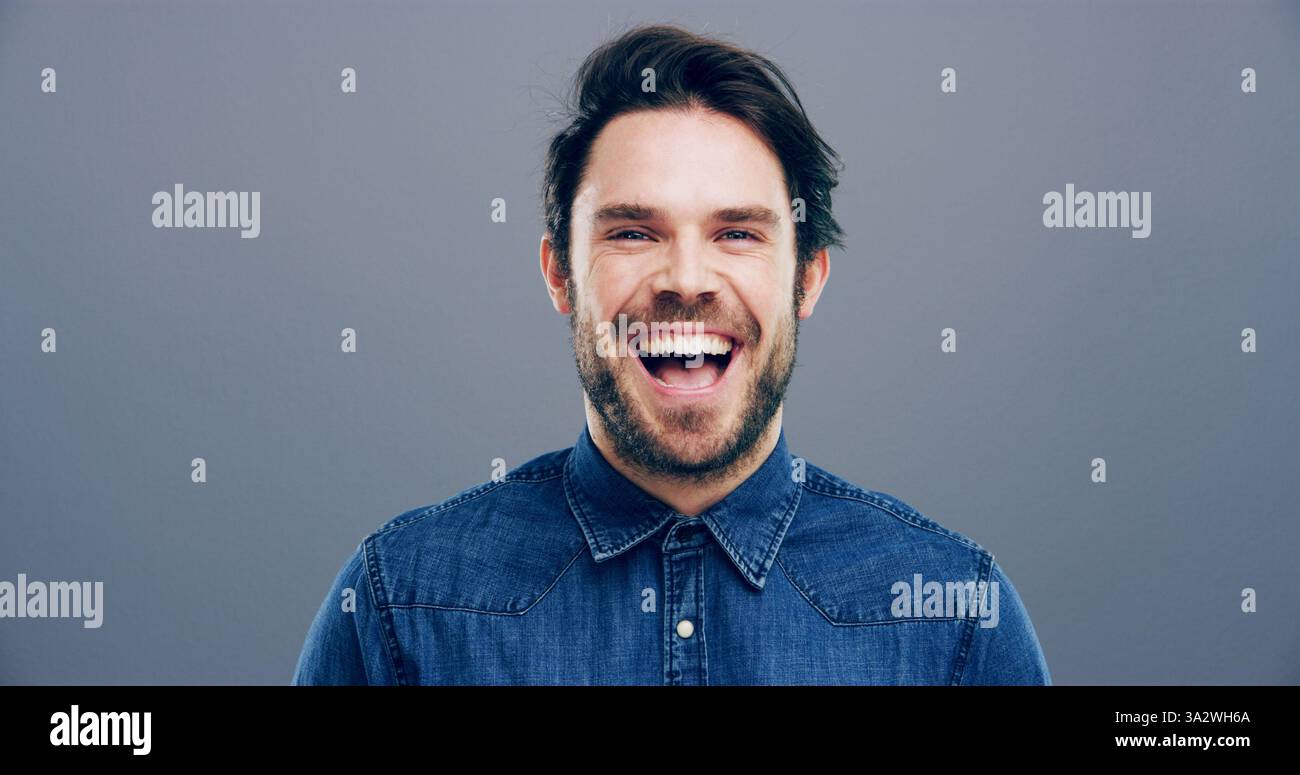 Laugh, business and creative with portrait of man in studio for ...