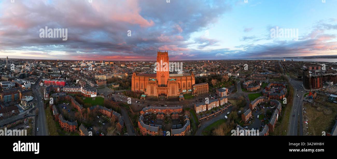Aerial drone panoramic view of Liverpool Cathedral at sunset ...