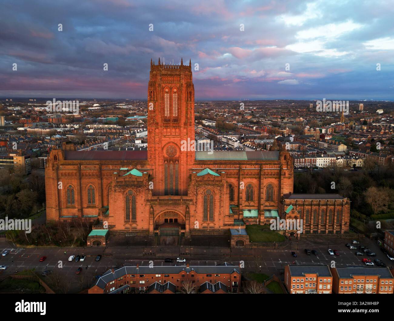 Aerial drone view of Liverpool Cathedral at sunset, showcasing its ...