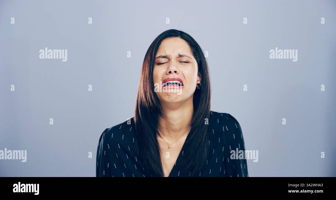 Sad woman, crying and emotion with grief for breakup, loss or mental ...