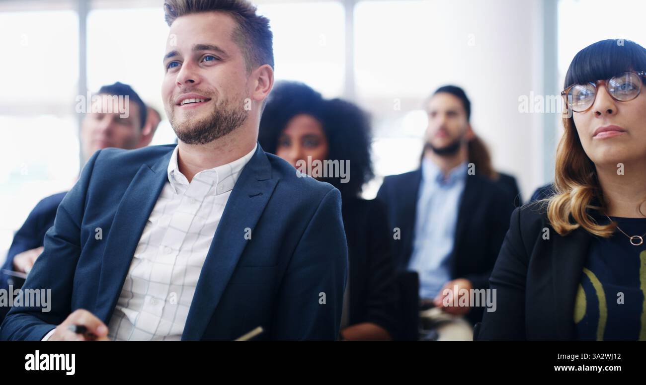 Convention, audience and seminar with business man at conference for ...