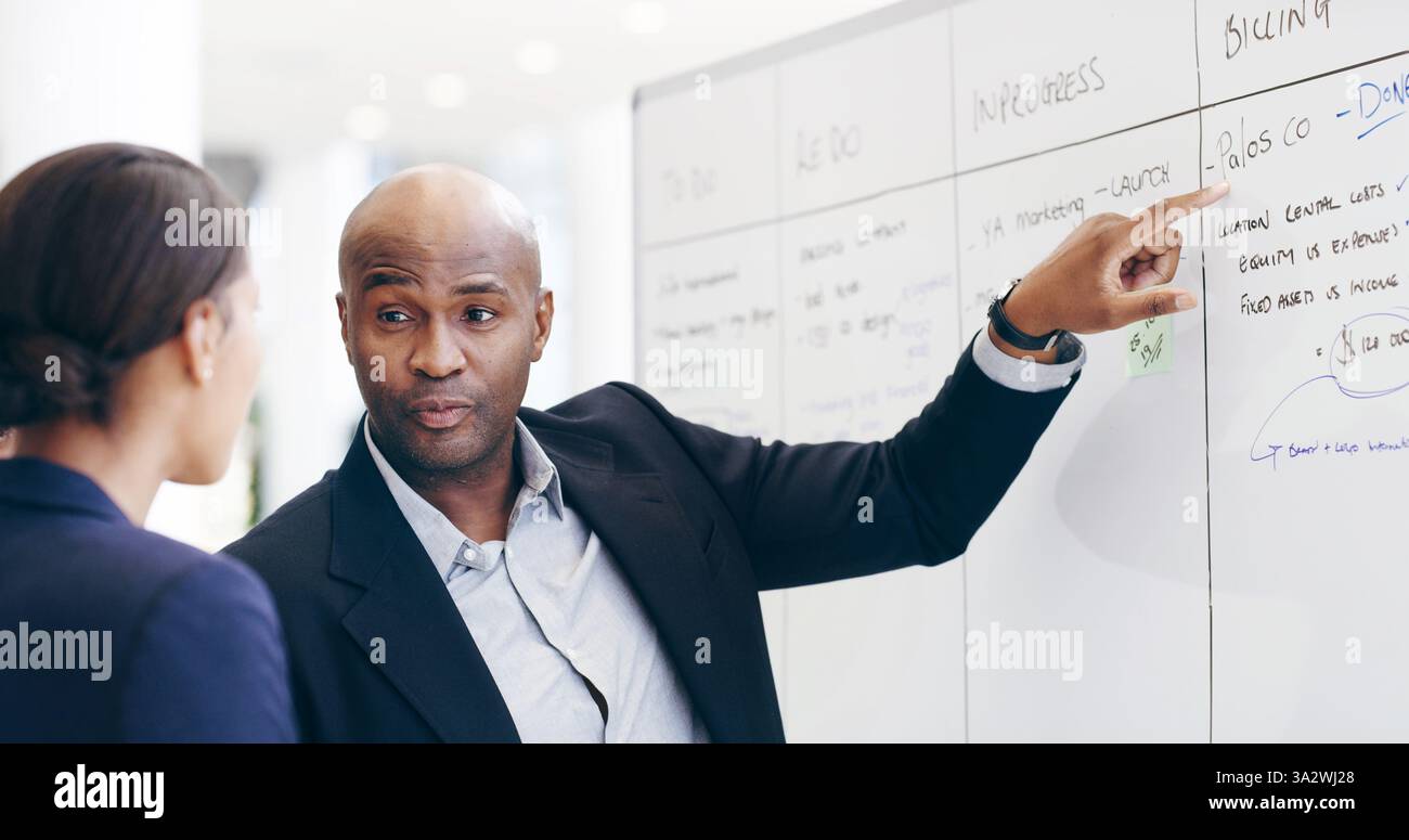 Whiteboard, discussion or business people in meeting with task ...