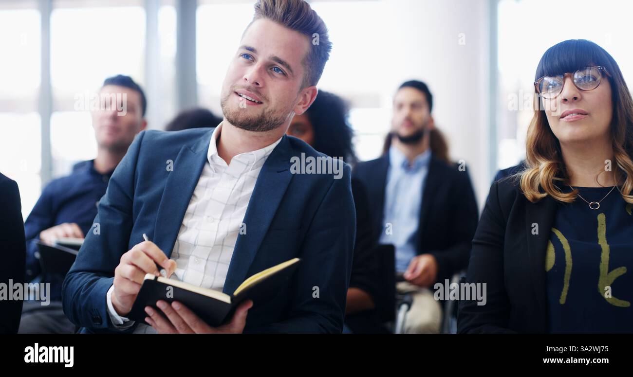 Notebook, audience and seminar with business man at conference for ...