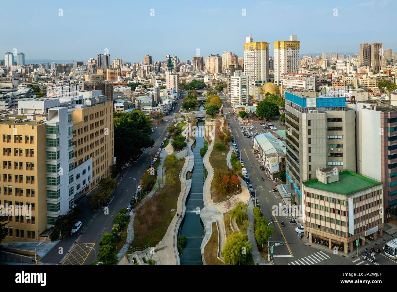 Aerial view of Taichung Liuchuan Canal Waterfront in Taichung, Taiwan ...