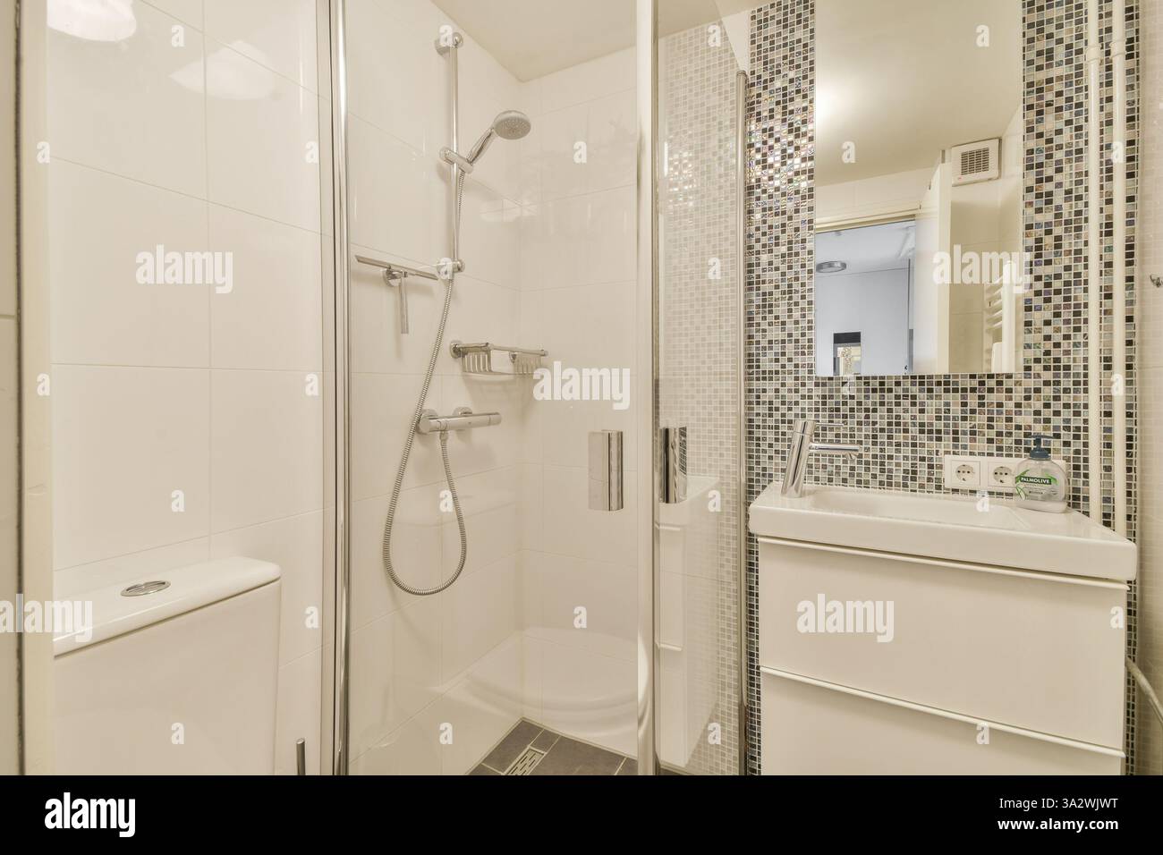 A sleek, modern bathroom showcasing a minimalist design with a walk-in ...