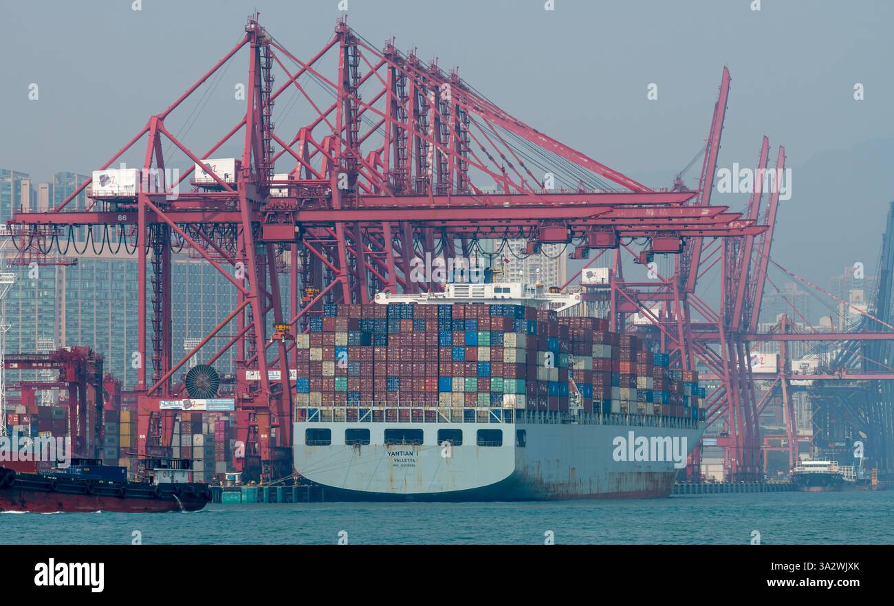 Hong Kong. China- 02.18.2025. Ship to shore cranes in the Port of Hong ...