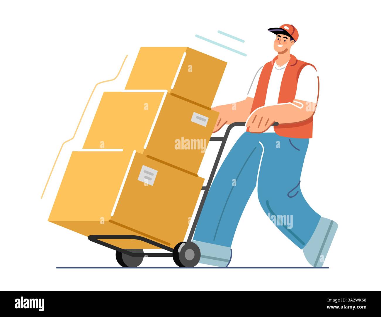 Mover in uniform carries cargo cart with boxes. Moving, delivery ...