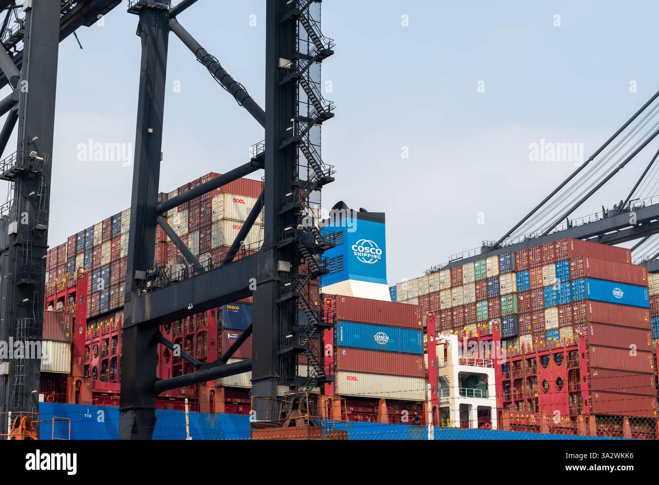 Hong Kong. China- 02.18.2025. Ground view of port cranes loading ...