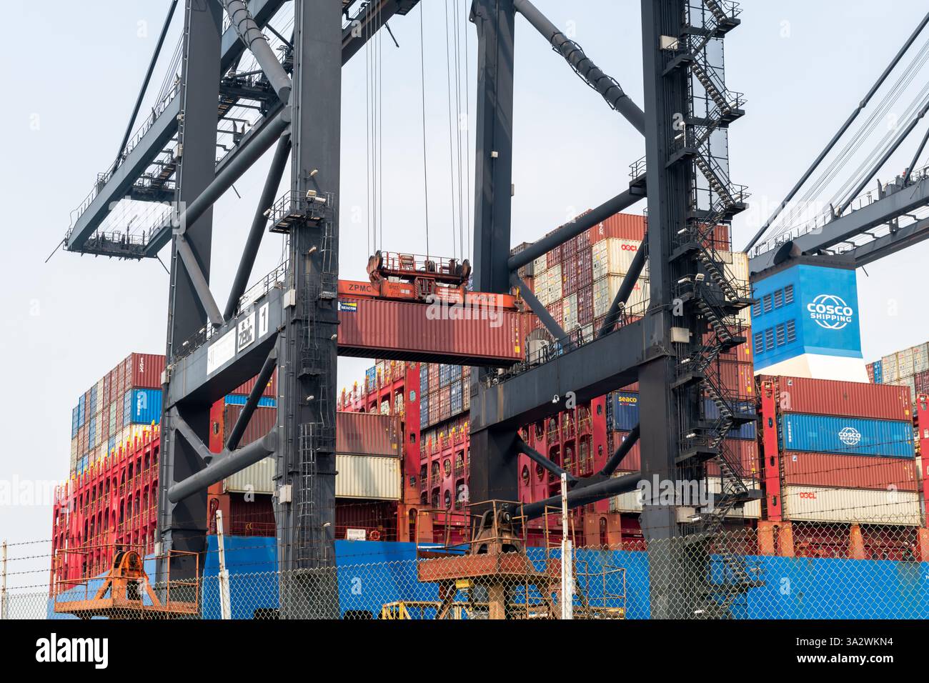 Hong Kong. China- 02.18.2025. Ground view of port cranes loading ...