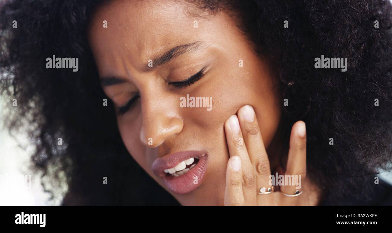 Toothache, sad and face of African woman at home for dental decay, poor ...