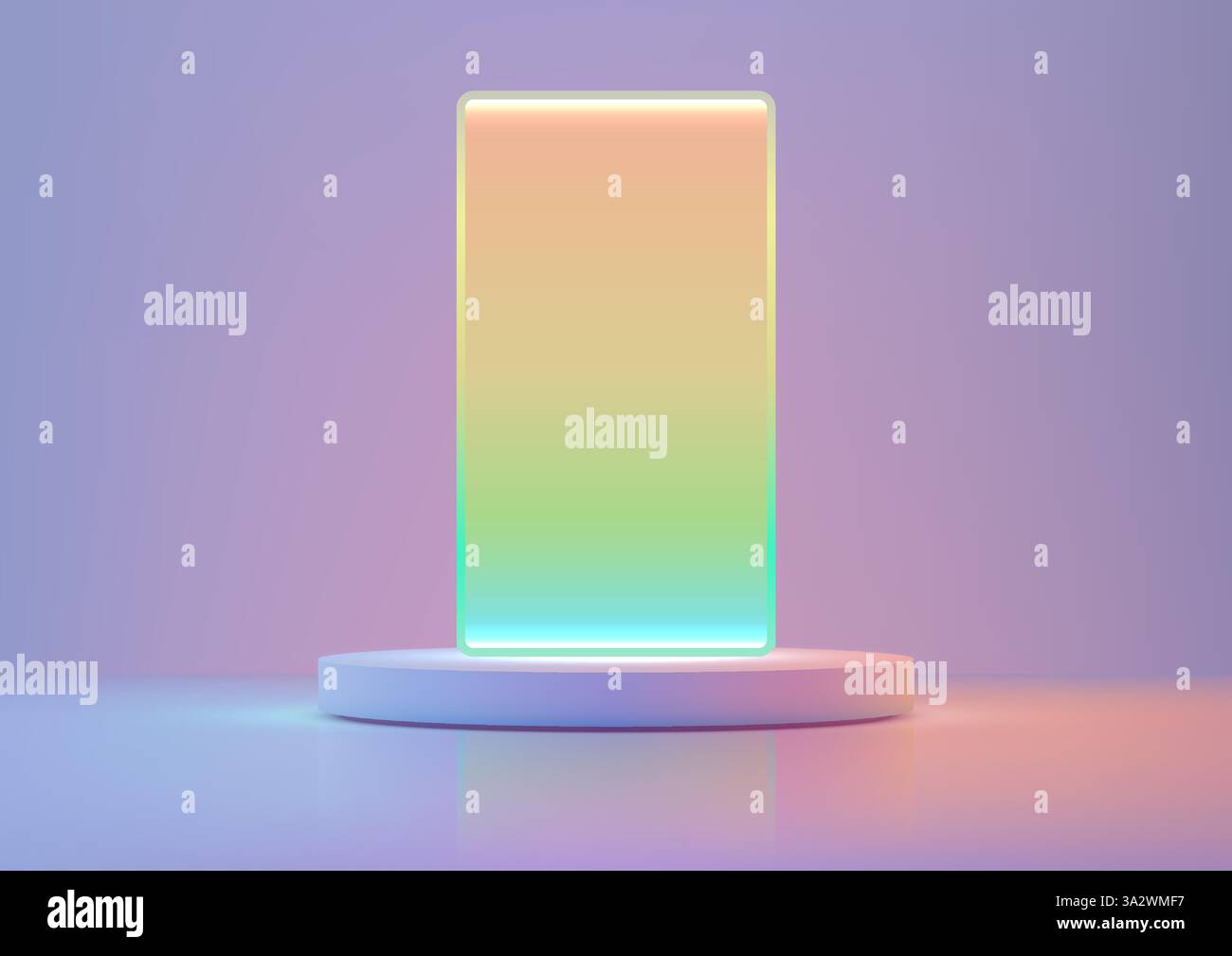glowing rectangular panel gradient stands on a 3D white circular podium ...