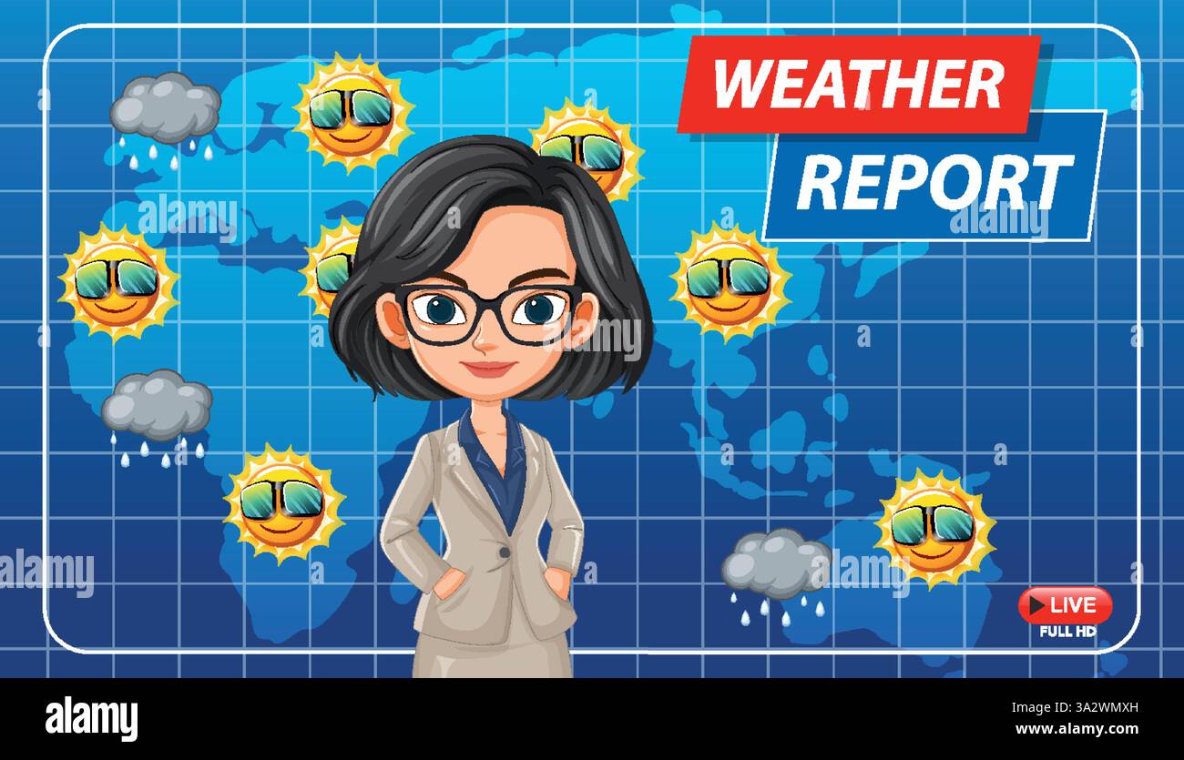 Vector illustration of a weather report with a cartoon presenter ...