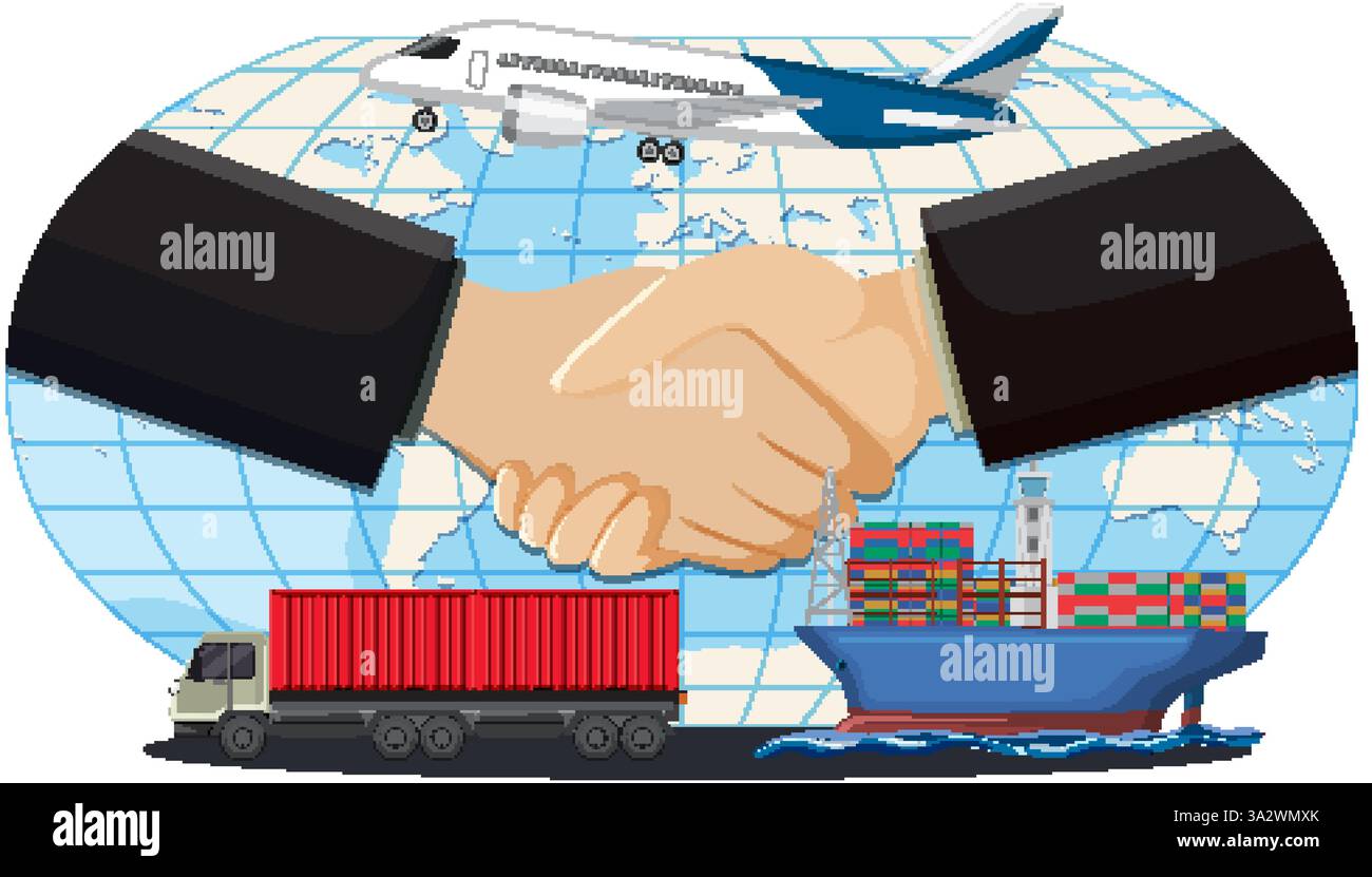 Handshake with transport symbols over world map Stock Vector Image ...