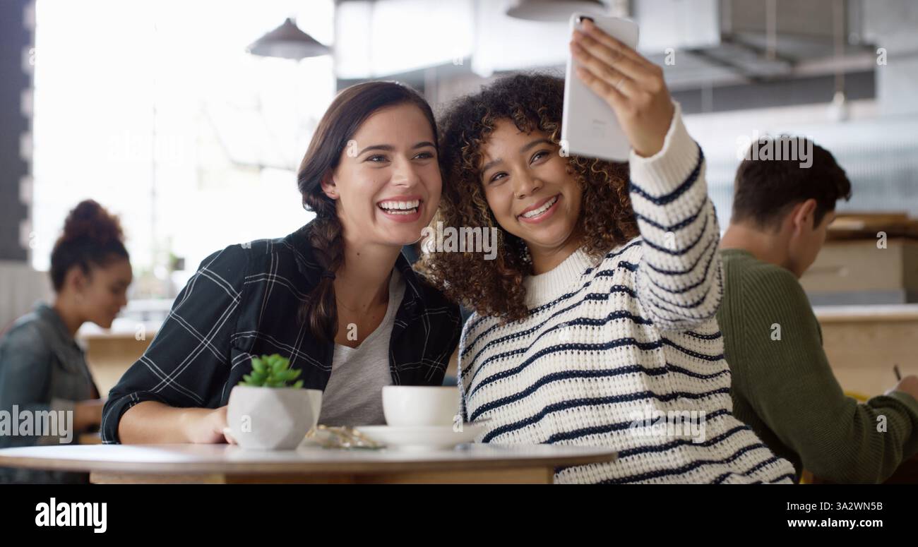 Cafe, friends and women with coffee, selfie and happy for bonding in ...