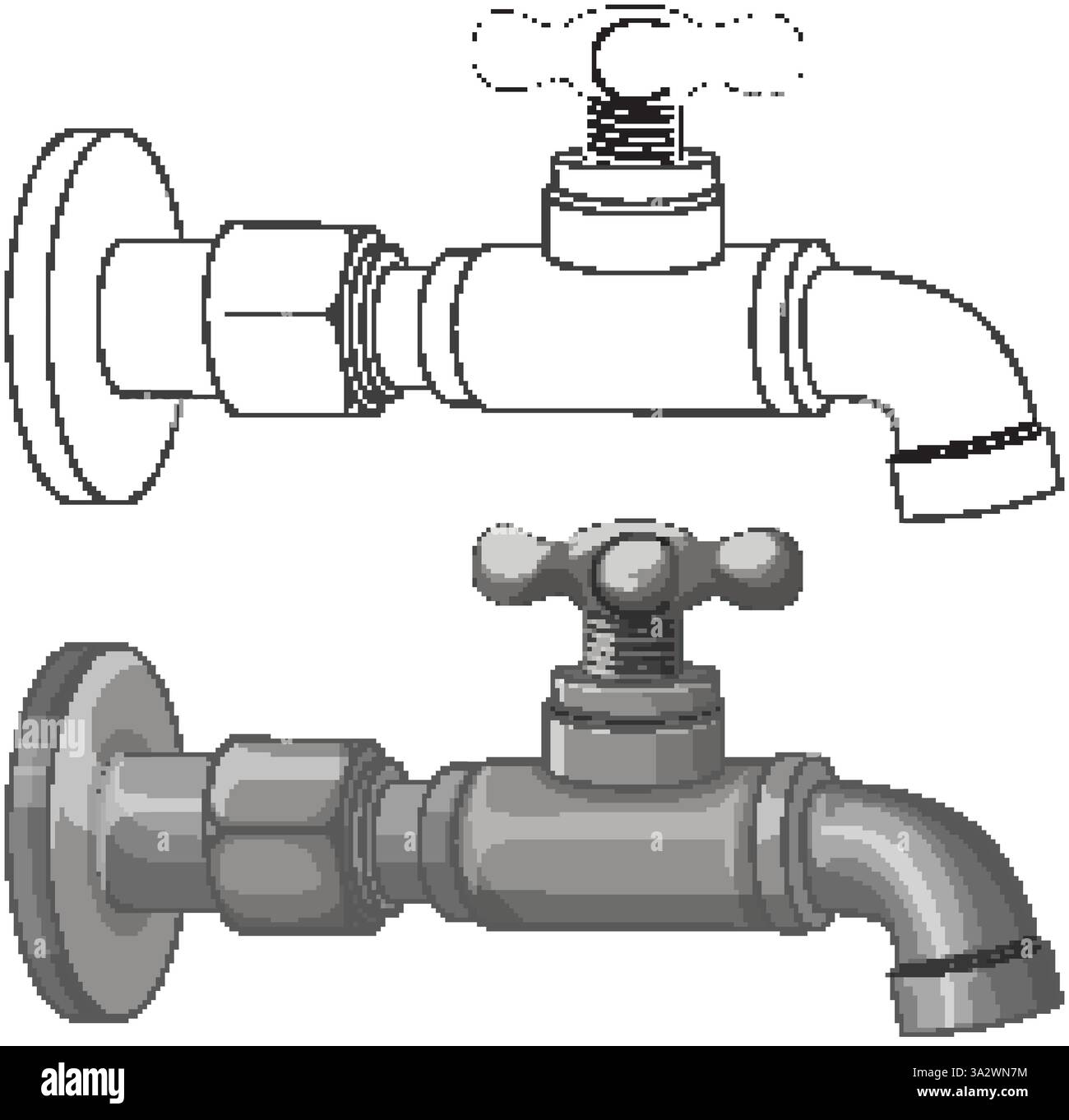 A vector illustration showcasing a water faucet in both outline and ...