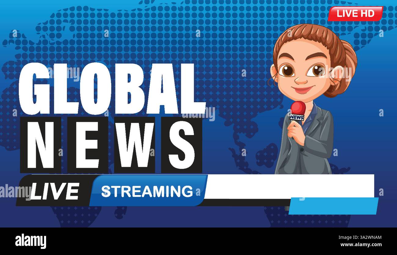 Vector illustration of a news anchor with a microphone, set against a ...