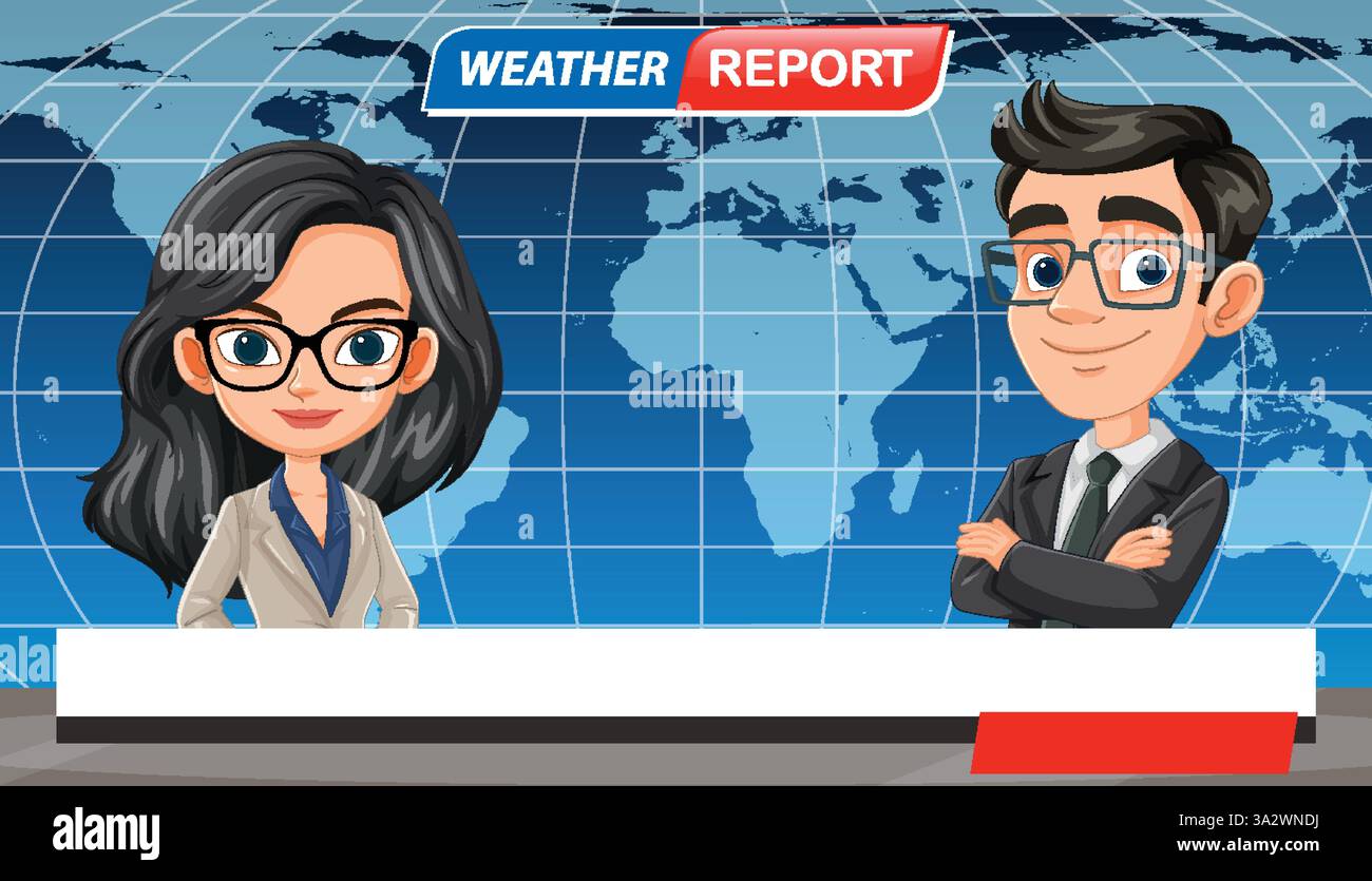 Vector illustration of animated news anchors presenting a weather report with a world map ...