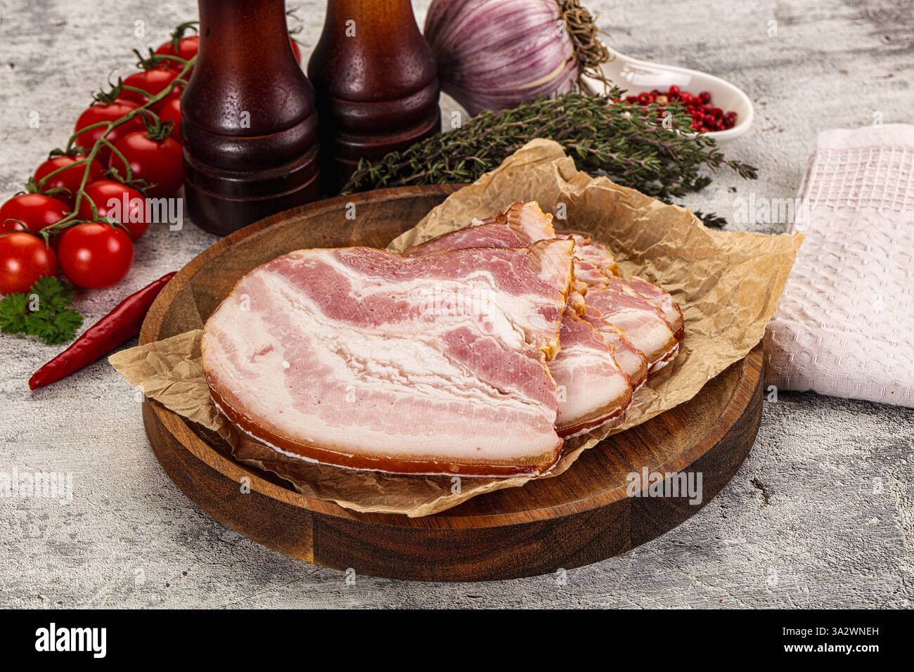 Smoked pork belly slices fat snack Stock Photo - Alamy