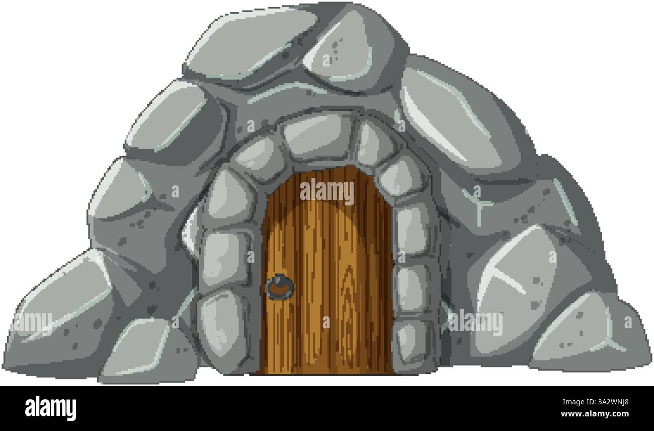 Vector illustration of a stone cave entrance featuring a wooden door ...