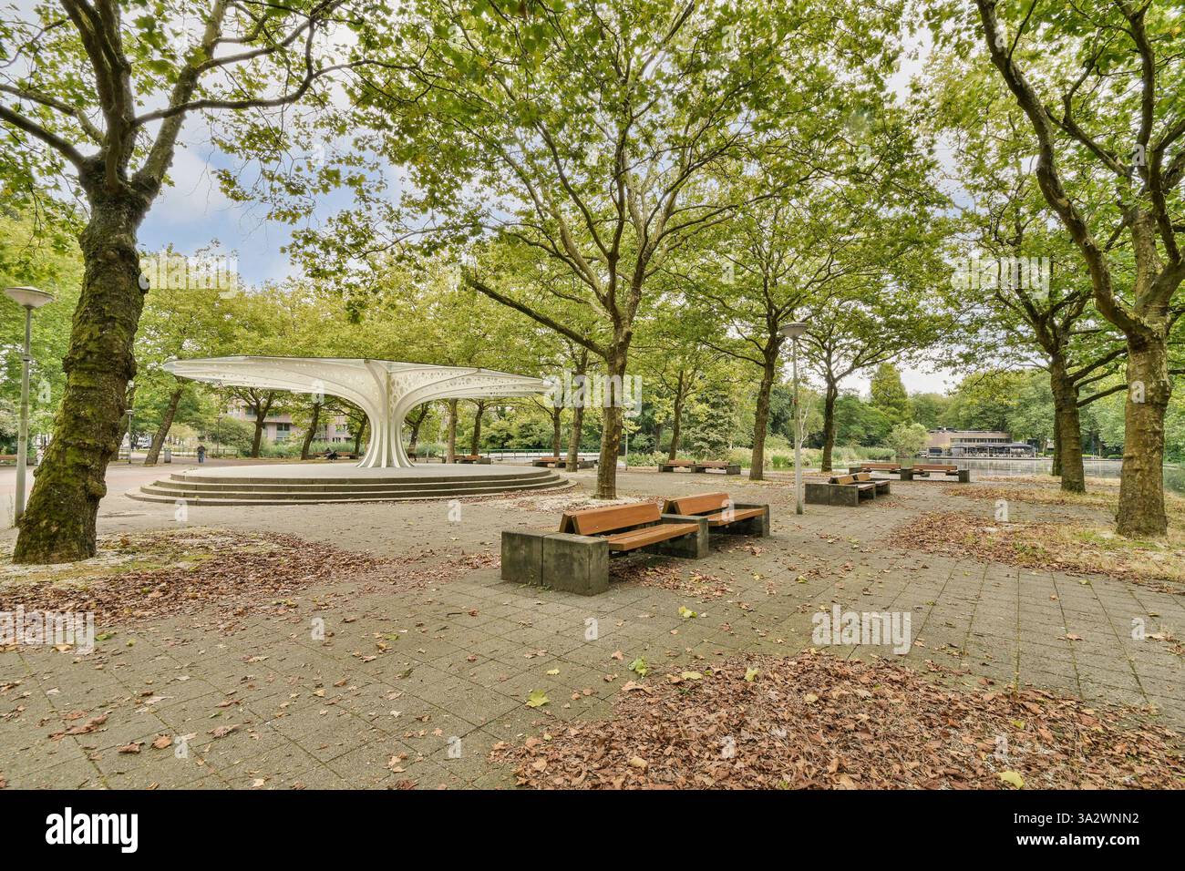 A tranquil park setting featuring unique architectural elements ...