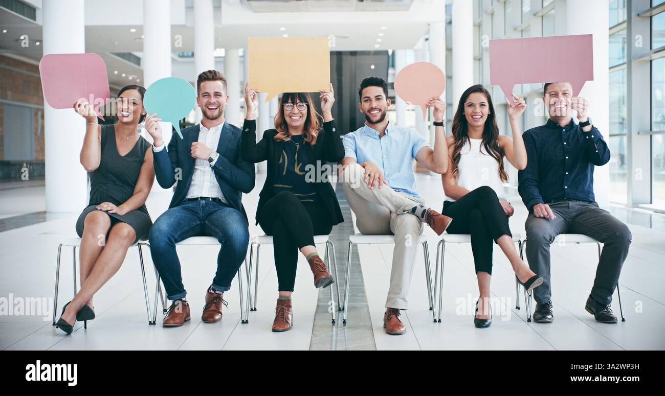 Speech bubble, business people and advertising for recruitment, join us ...